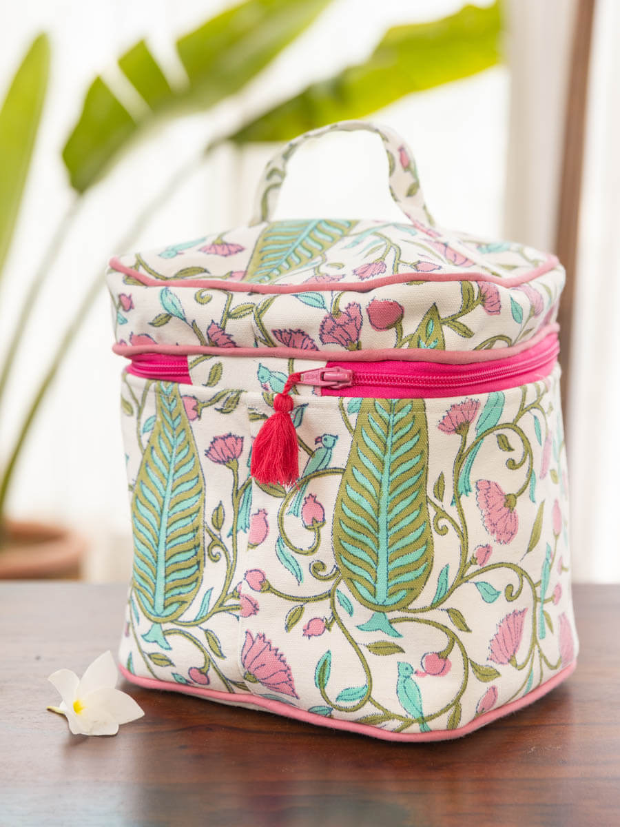 Pink, Turquoise and Green Hand Block Print Cotton Travel Vanity Case ...