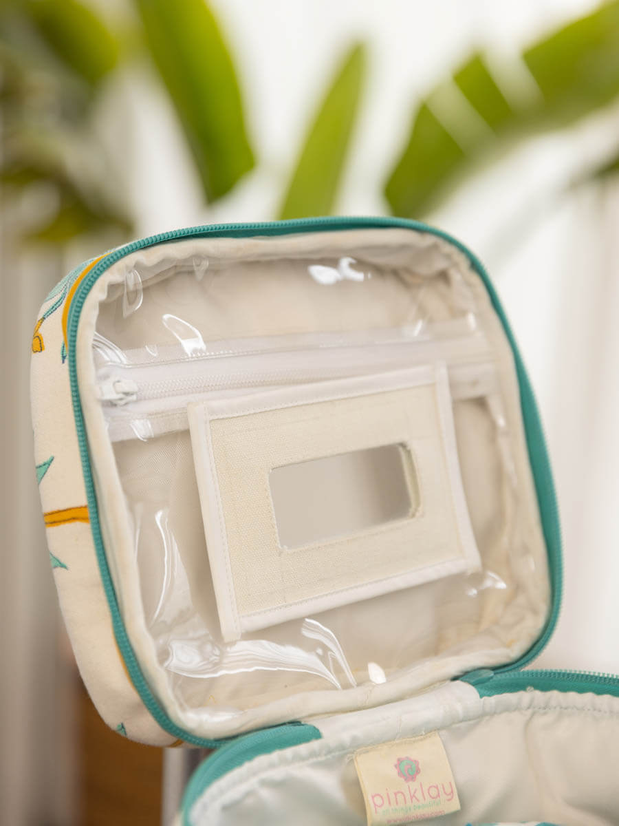 Yellow and Turquoise Hand Block Print Cotton Travel Vanity Case – Pinklay