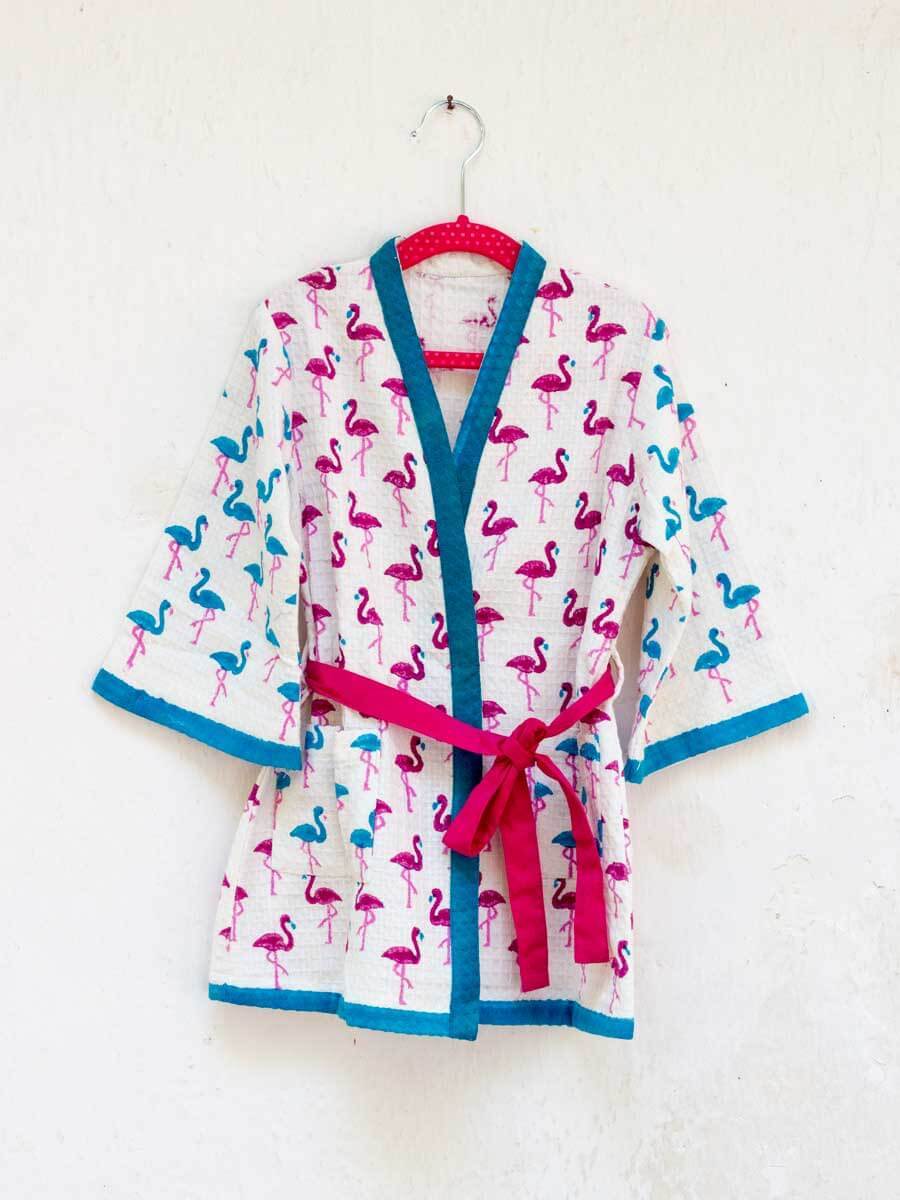 Flamingo Dance Block Printed Waffle Cotton Bath Robe | Pinklay