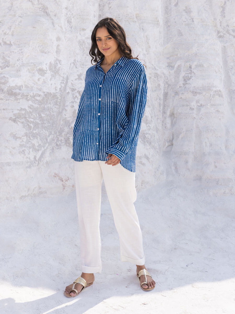 Classic Indigo Stripes Modal Silk Shirt | Pinklay