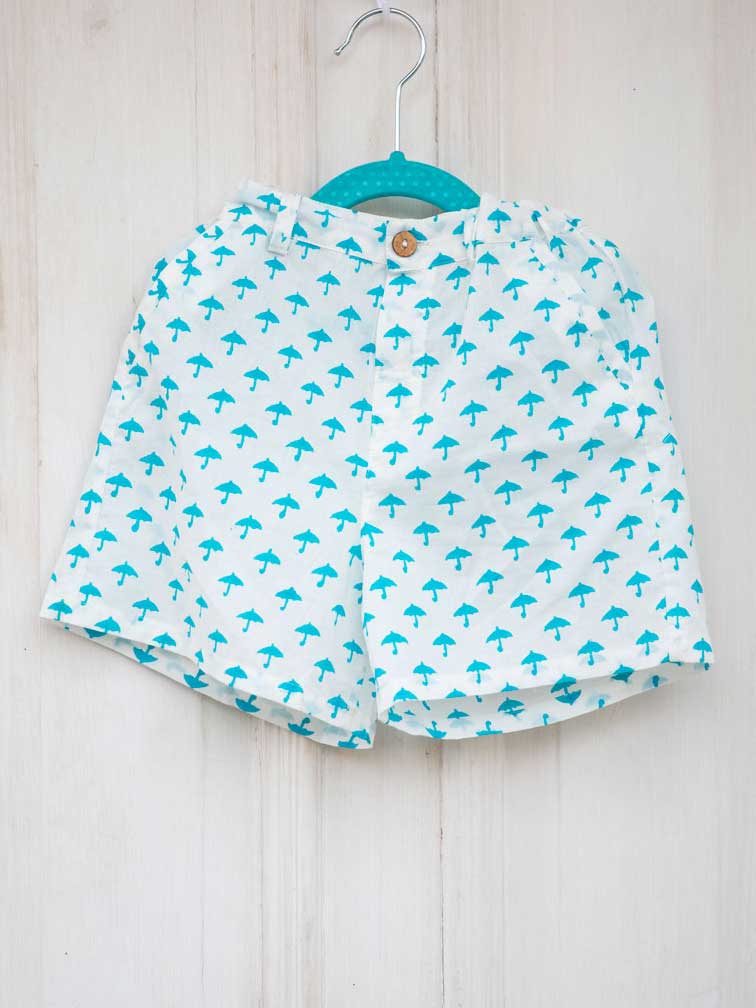 Turquoise Umbrella Block Printed Cotton Shorts | Pinklay
