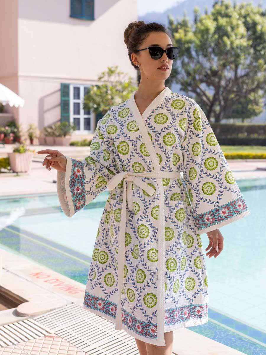 Zeniya Hand Block Print Waffle Cotton Bath Robe | Pinklay