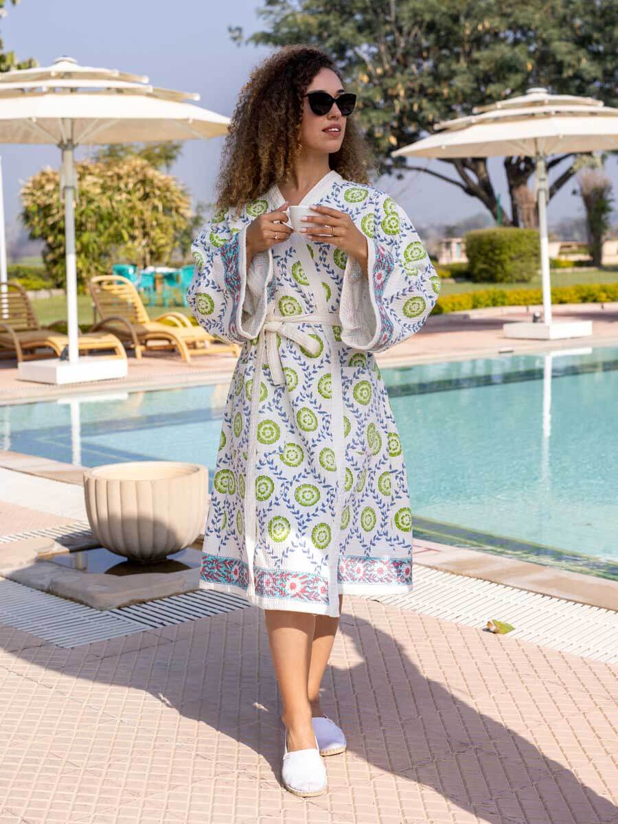 Zeniya Hand Block Print Waffle Cotton Bath Robe | Pinklay